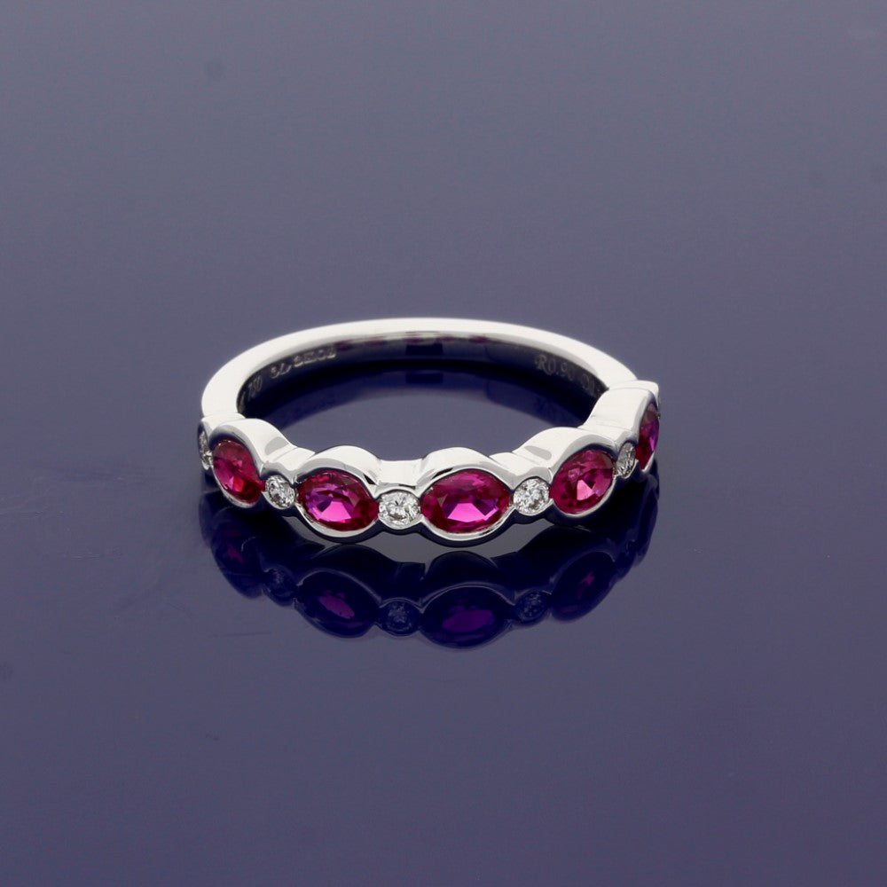 18ct White Gold Oval Ruby & Diamond Rub Over Set Half Eternity Ring ...